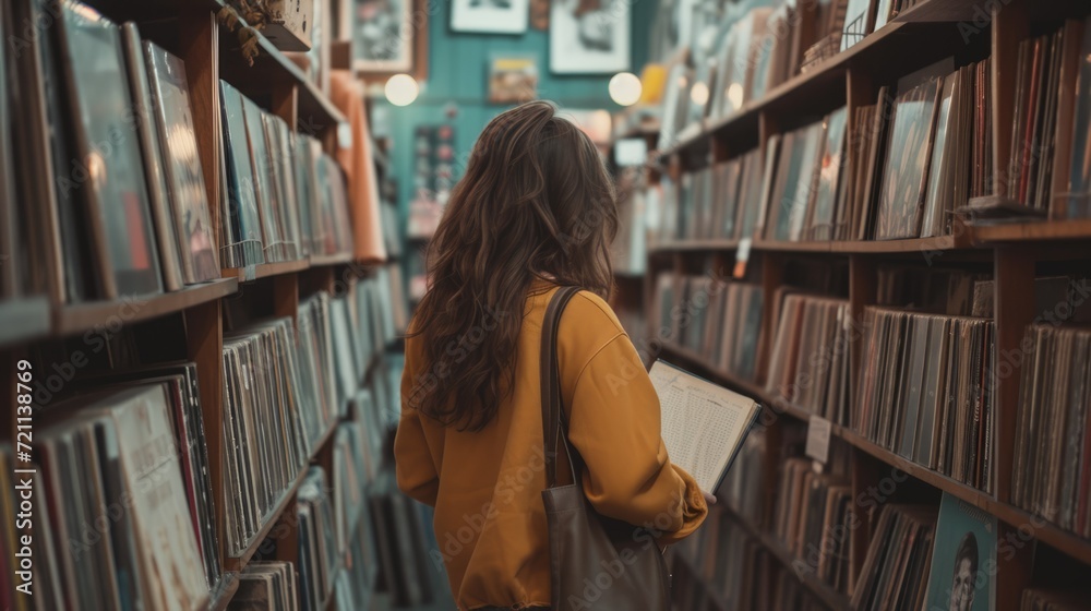 Foto de Store shelves in retro record store. Woman choose vinyl vintage ...