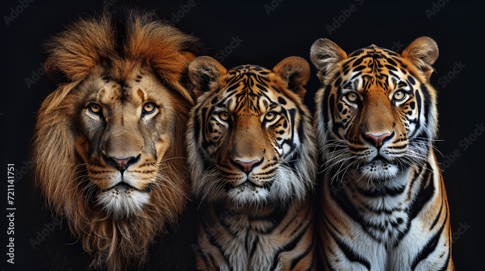 Big cats: Lion, tiger and spotted leopard, together on a black ...