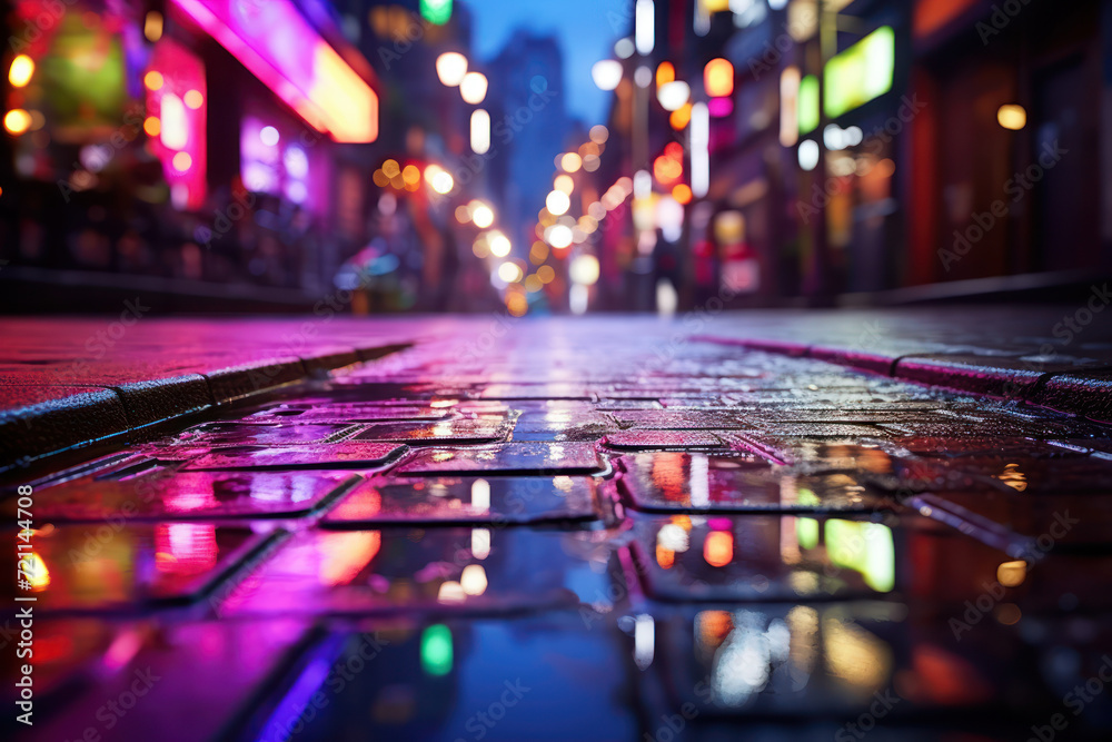 Neon signs flicker and reflect off rain-soaked pavement, transforming a ...
