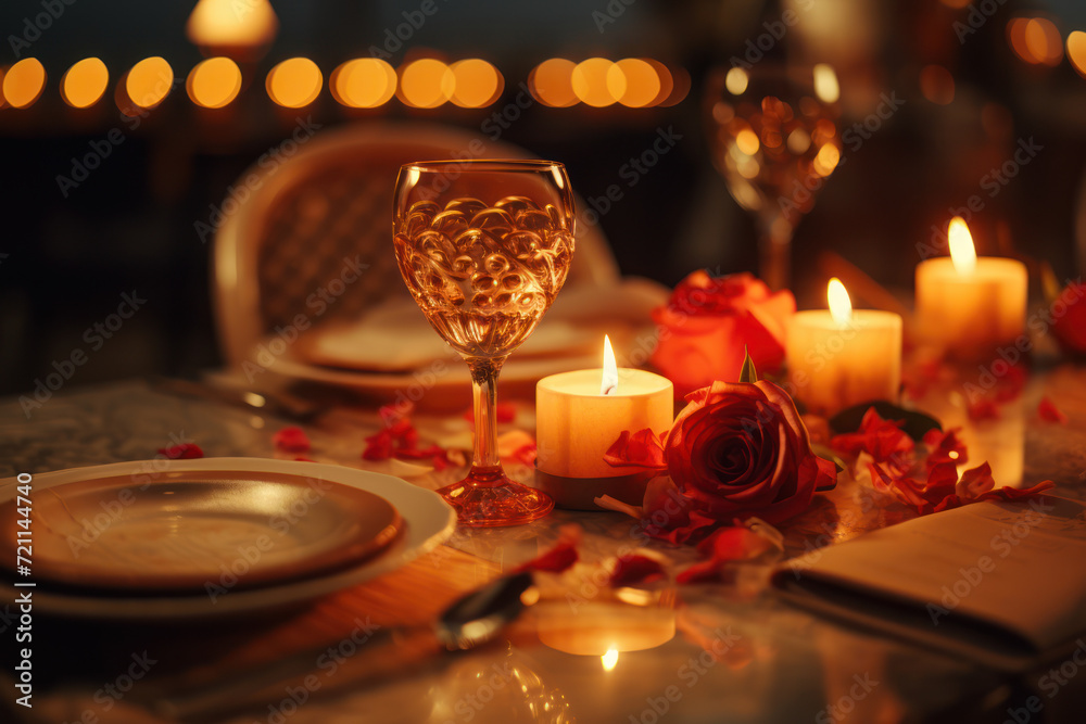 Candlelight dances on the surface of a romantic dinner table, creating ...