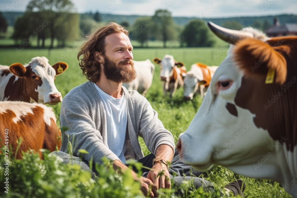 smile happy girl or man with idyllic scene depicts a harmonious ...