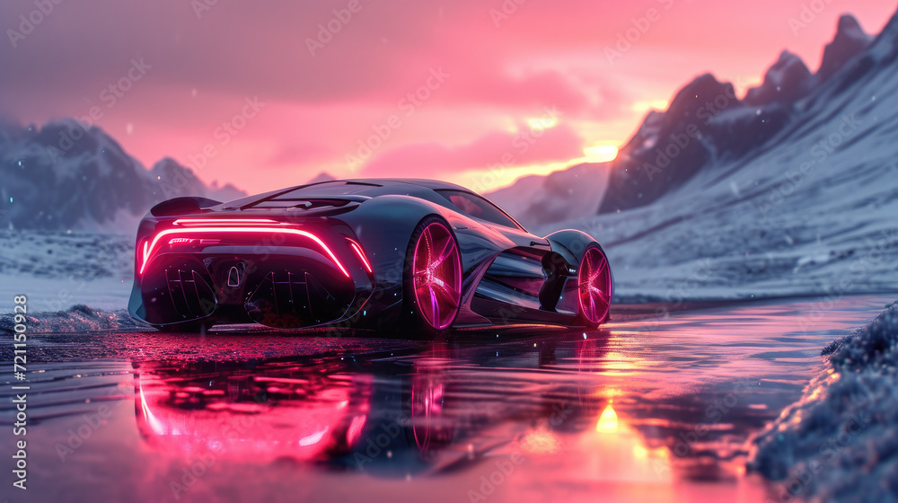 cyborg sport car with neon led, mountain sunset background .wallpaper ...