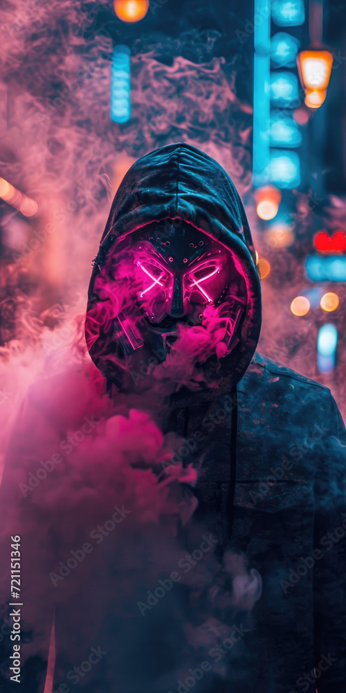 hoodie worn by man wearing purge mask with neon lights super cool ...