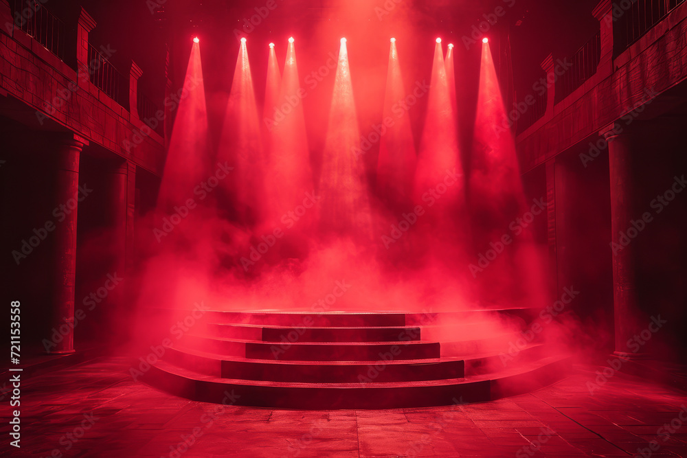 A stage performance lit with red gels, adding intensity and drama to ...