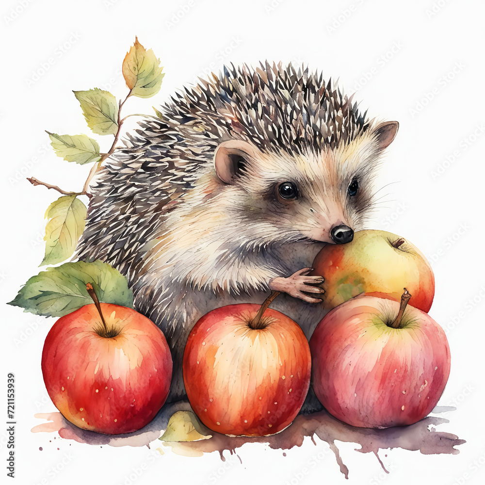 cute hedgehog with apples, forest animal, wildlife. watercolor ...