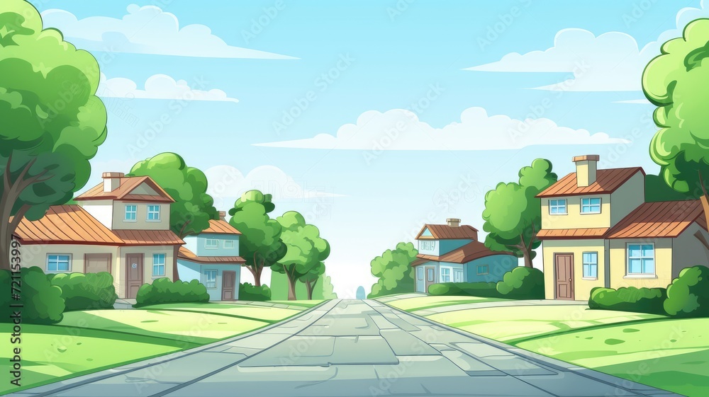 cartoon illustration A street of houses with green trees and a road in ...