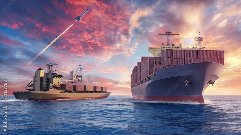 ภาพประกอบสต็อก .16:9 OR 9:16 A warship protecting a container ship ...