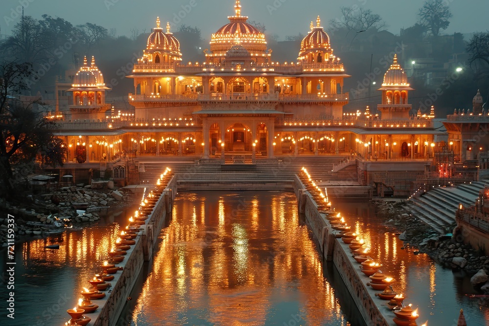 Shri Ram Mandir Ayodhya, A hindu temple with beautiful lights and water ...
