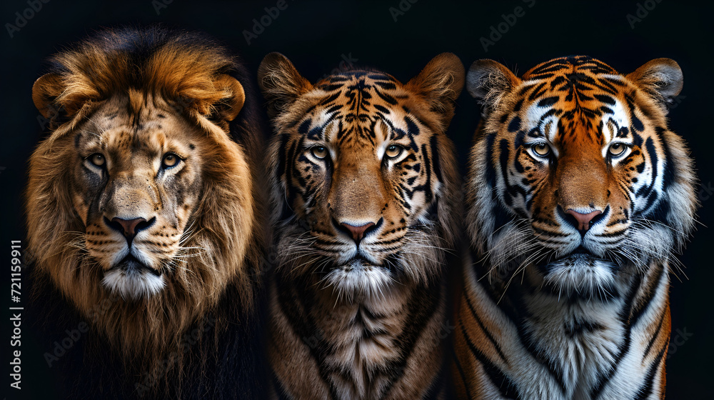 Big cats: Lion, tiger and spotted leopard, together on a black ...