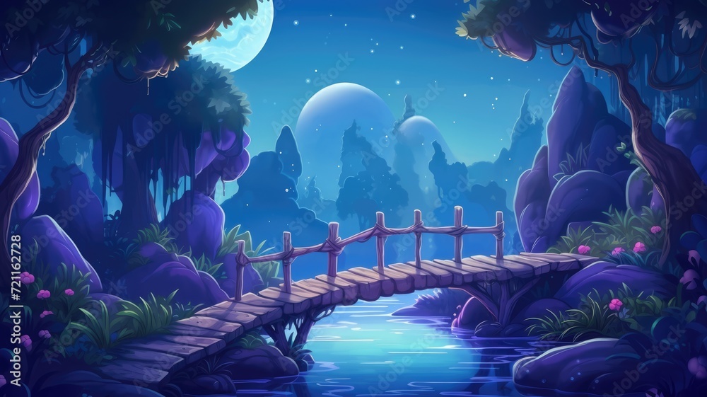 cartoon illustration Fantasy background with log bridge above precipice ...