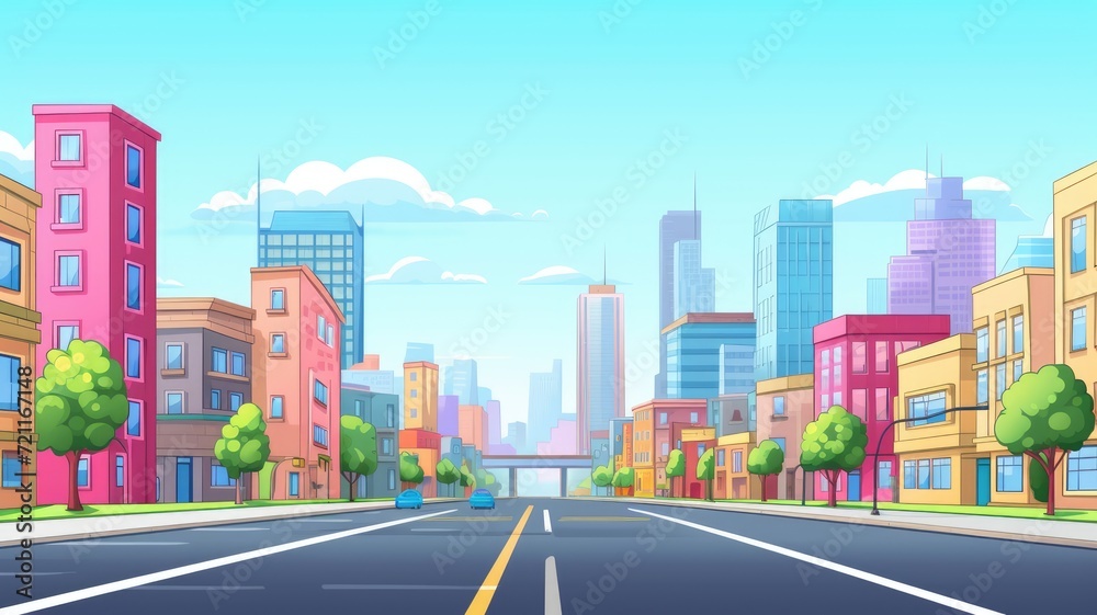 cartoon Illustration of a city landscape with buildings and road Stock ...