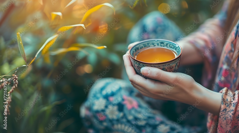 person holding a cup of tea, a serene image of a person enjoying a ...
