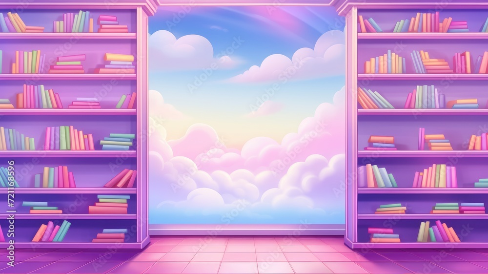 cartoon illustration library with bookshelves flanking an open window ...