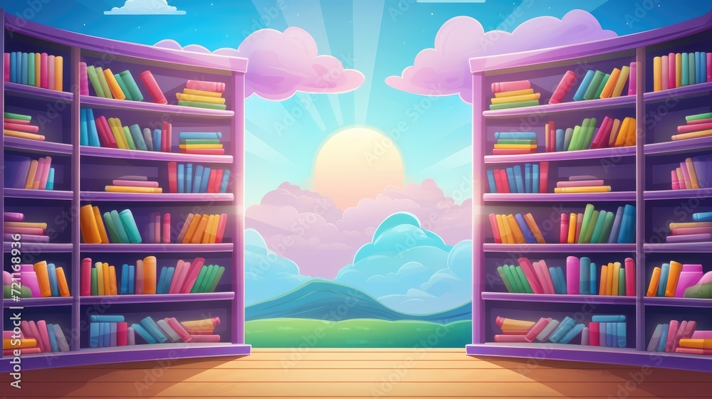 cartoon illustration library with bookshelves flanking an open window ...