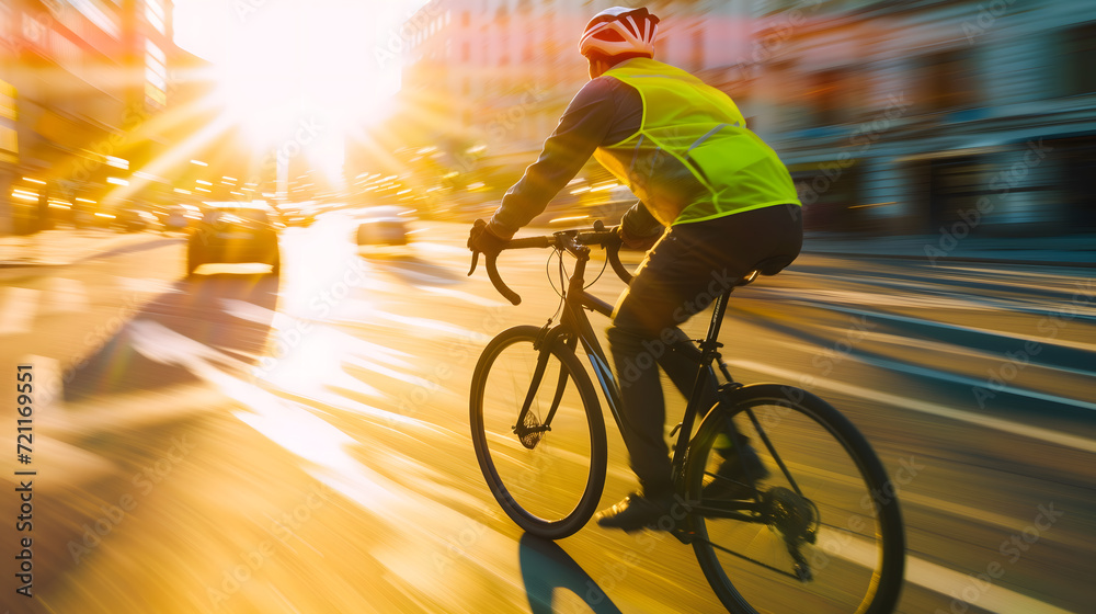 a bicycle rider in a vivid yellow high-visibility vest, dynamically ...