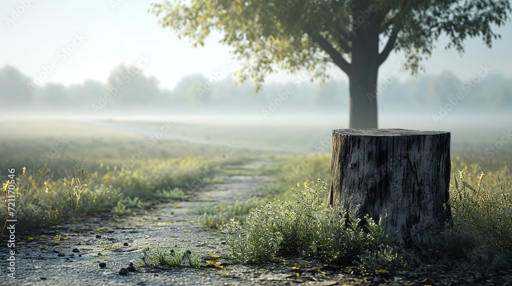 A weathered tree stump sits along a mist-enshrouded country path, with ...