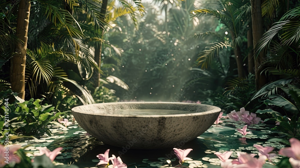 Serene stone basin filled with water, surrounded by vibrant tropical ...