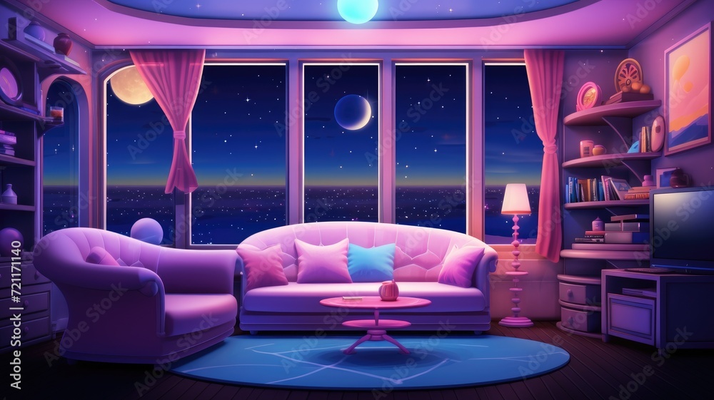 cartoon illustration Living room interior at night , Stock Illustration ...