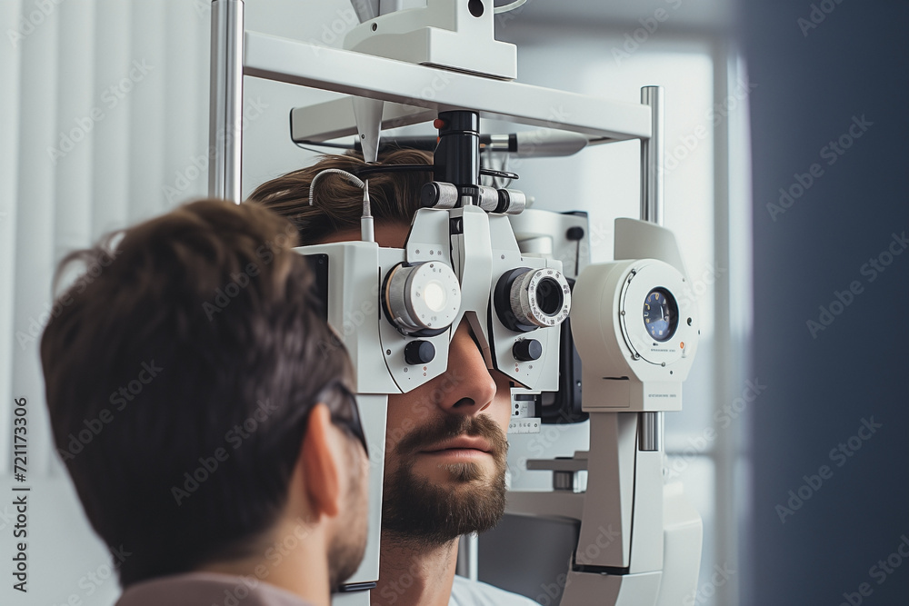 Man visiting the ophthalmologist for an eye exam using the phoropter ...