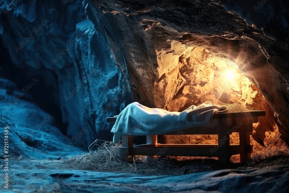 Christian Christmas scene with empty wooden manger, star of Bethlehem ...