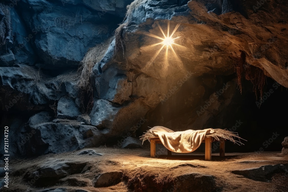 Christian Christmas scene with empty wooden manger, star of Bethlehem ...