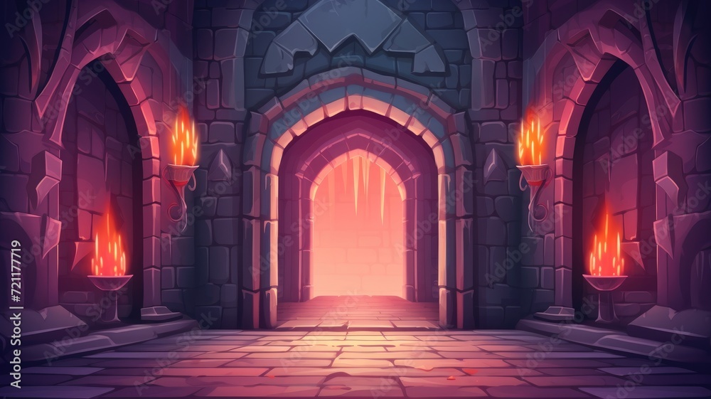 cartoon mystical castle corridor illuminated by glowing torches leading ...