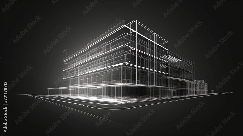Linear architectural sketch office building perspective on black ...