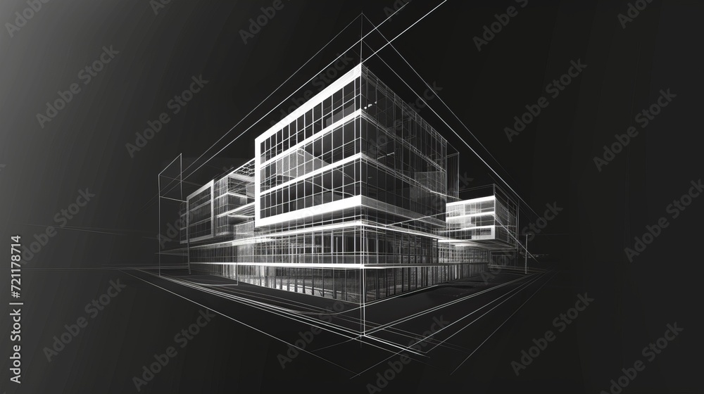 Linear architectural sketch office building perspective on black ...