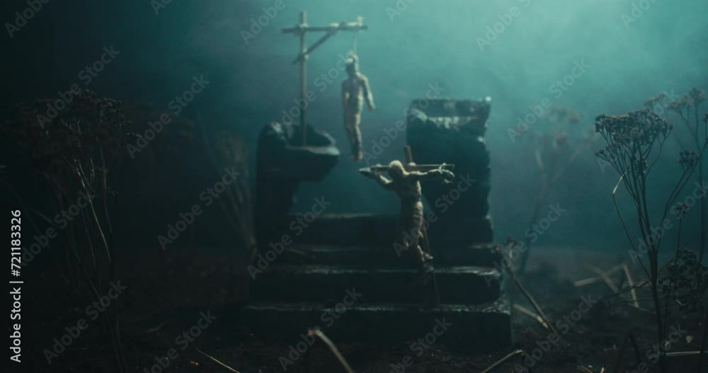 A miniature of the mummified man and woman hanging on the gallows at ...