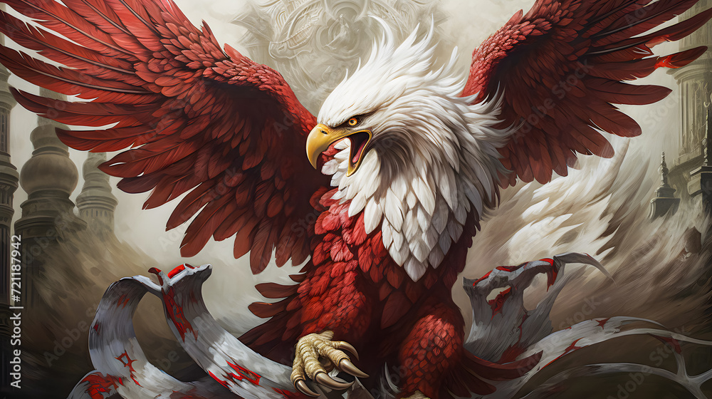 3D illustration of a garuda pancasila with red wings on a background of ...