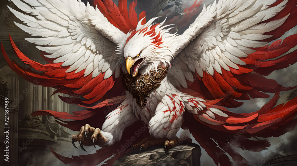 3D illustration of a garuda pancasila with red wings on a background of ...