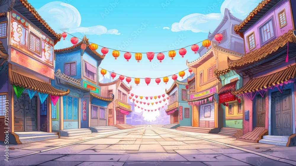 cartoon street scene with traditional architecture and hanging red ...
