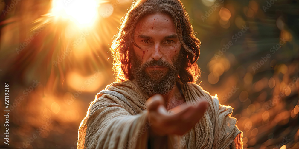 Jesus Christ son of God holding out hand, religious Bible illustration ...