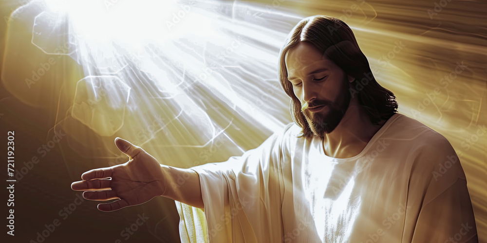 Jesus Christ son of God holding out hand, religious Bible illustration ...