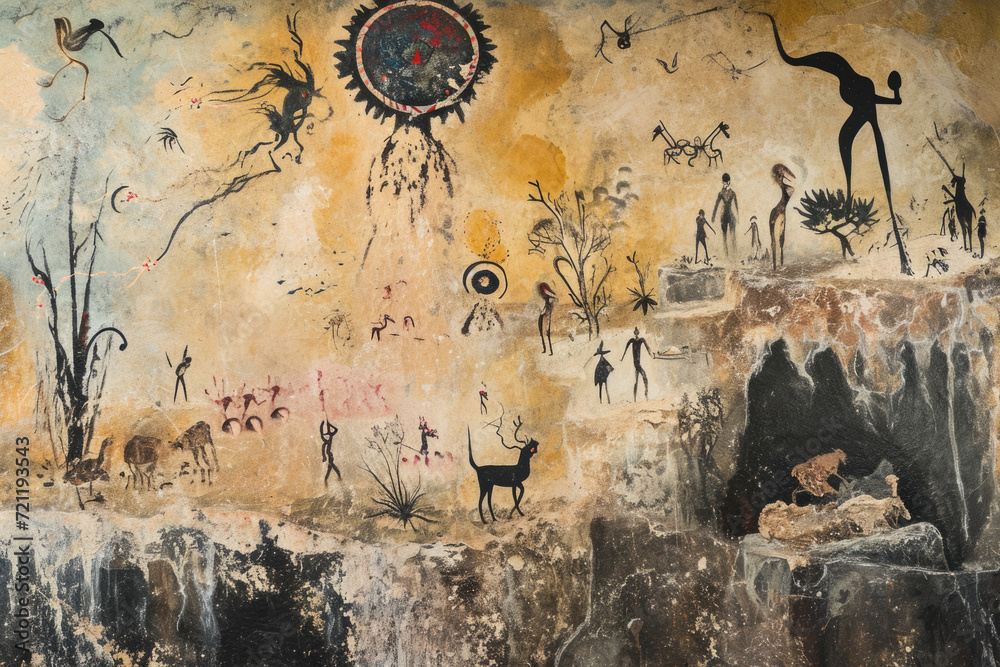 Mural paintings on the walls of an old cave in India. An ancient cave ...