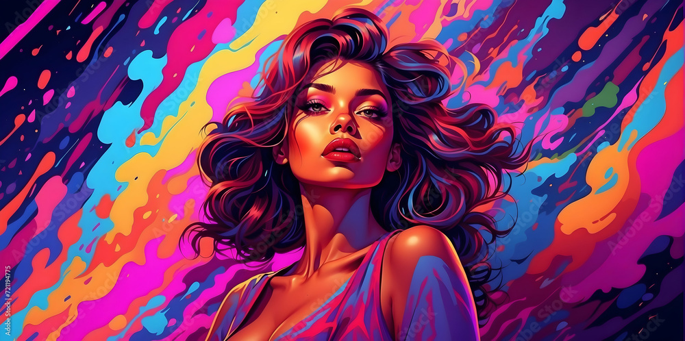 bold neon colors, cartoon style illustration of a woman as she sees the ...