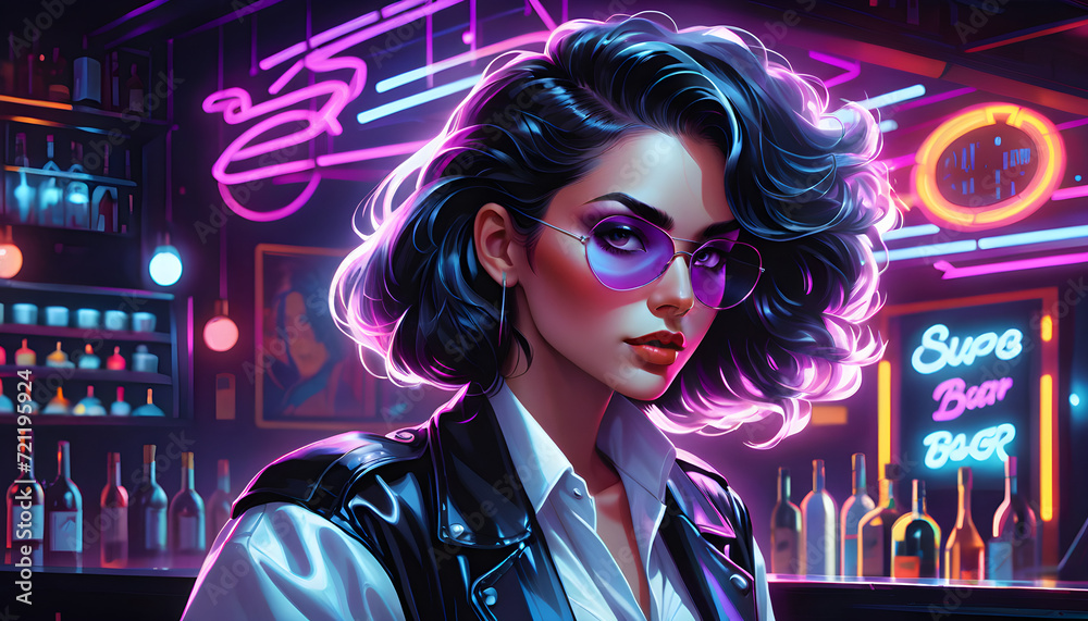 Stylish Woman in Vibrant Attire Posing at a Retro Bar With Neon Lights ...