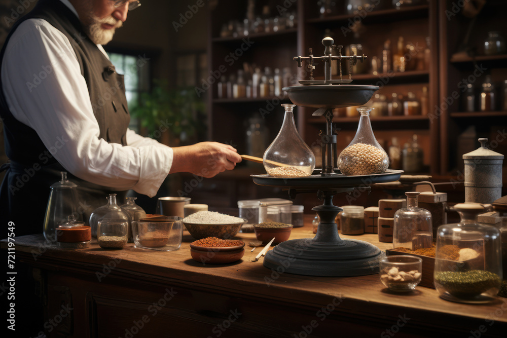 A pharmacist weighing ingredients on an old-fashioned scale ...