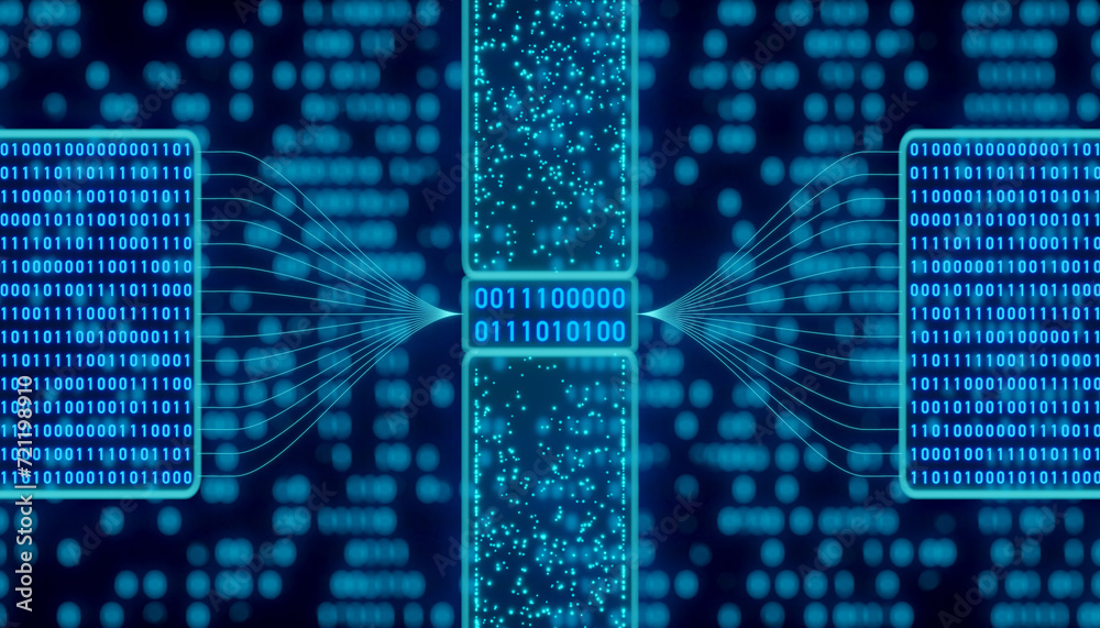 Digital screen with blue illuminated binary code. Abstract futuristic ...