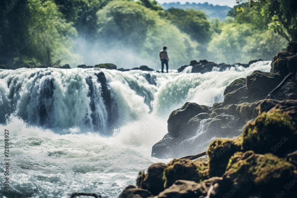 smile happy girl or man with scene depicts a lively and vigorous river ...