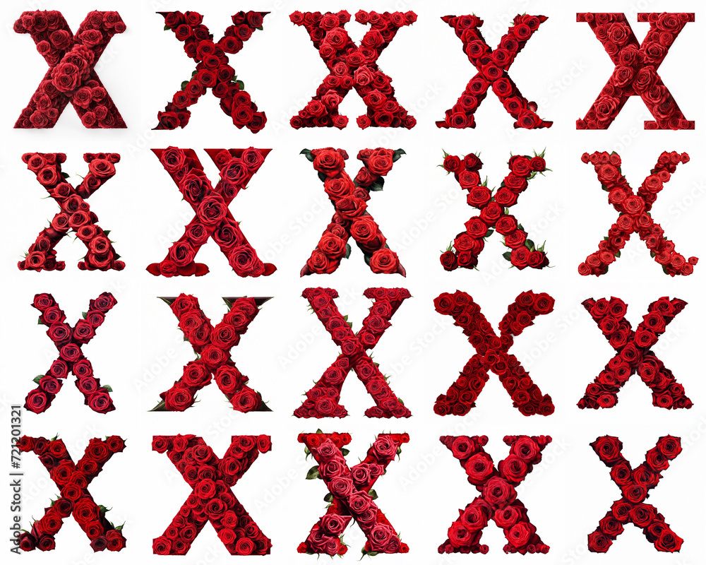 Group of various X shaped letters made from red rose flowers isolated ...