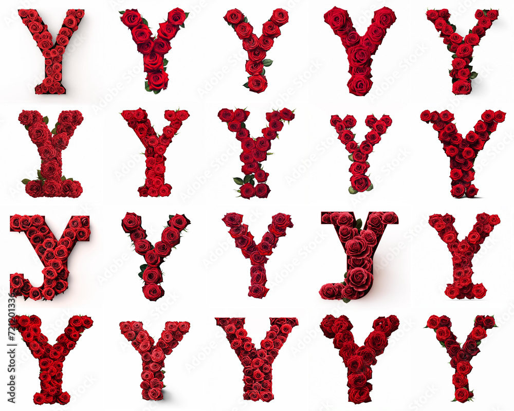 Group of various Y shaped letters made from red rose flowers isolated ...