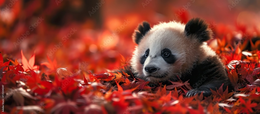 The Cute, Fluffy Panda Relaxing Among Red Leaves - A Cute, Fluffy Panda ...