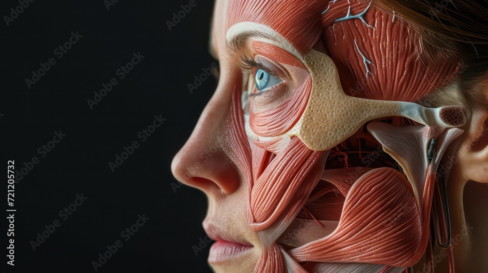 Young woman with half of face with muscles structure under skin. Model ...