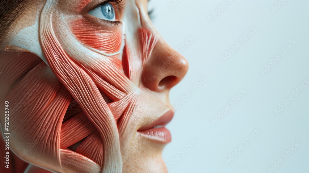 Young woman with half of face with muscles structure under skin. Model ...