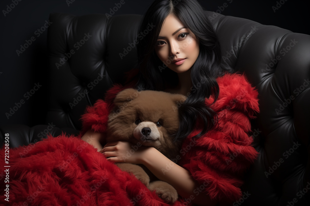 Studio portrait of young woman with plush toy. Luxury Fashion concept ...