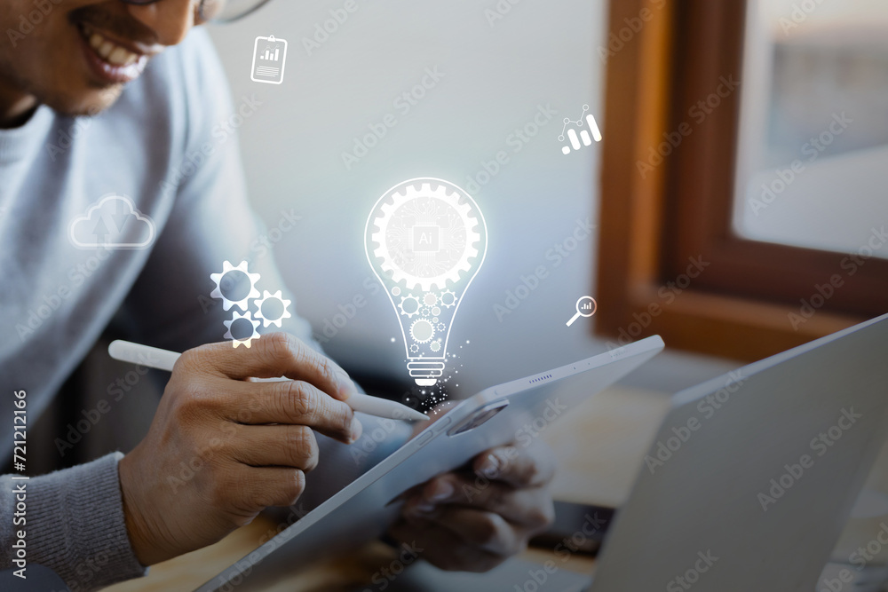 Concept Humans work with artificial intelligence, humans use ...