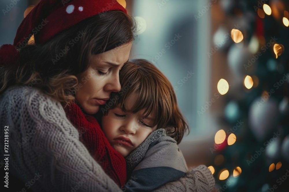 Sad Christmas. Mother hugs her son and wants to comfort him and cheer ...