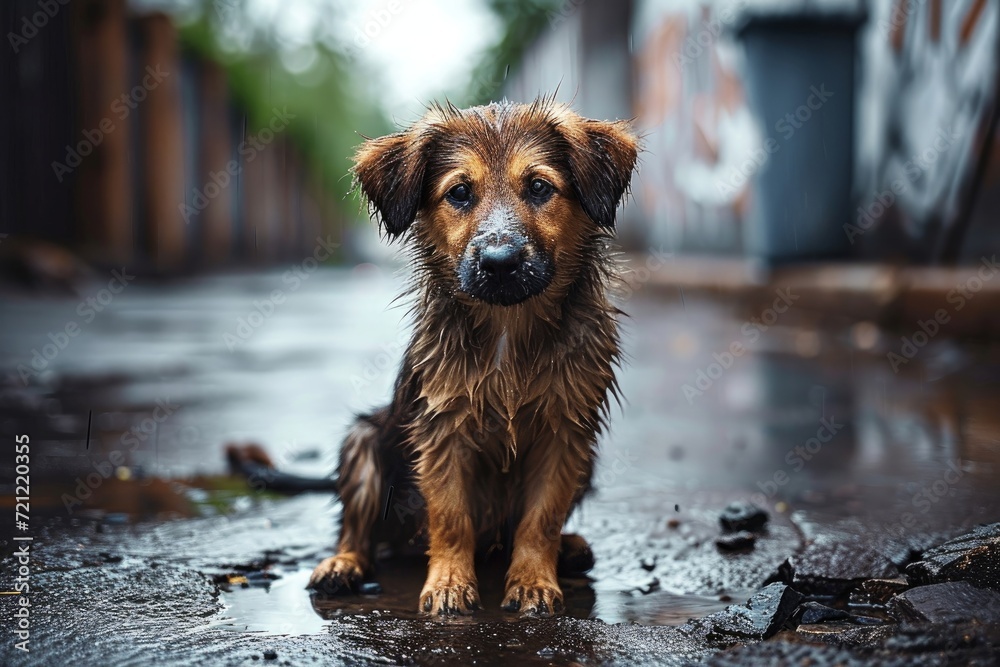 Stray homeless dog. Sad abandoned hungry puppy sitting alone in the street under rain. Dirty wet ...
