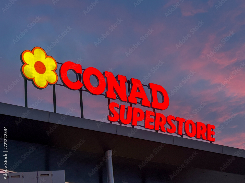 Savigliano, Cuneo, Italy - January 26, 2024: Conad Superstore logo sign ...
